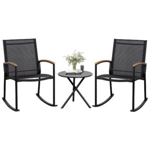 jamfly 3 pieces patio set outdoor patio furniture sets, modern rocking bistro set textilene chair conversation sets with detachable pedal and coffee table (black)