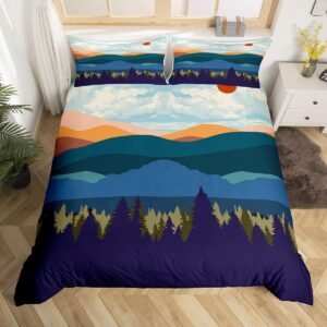 erosebridal japanese style comforter cover boho sun mountain duvet cover for kids teens youth vintage watercolor bedding set watercolor mountain sunset sun bedspread cover twin size 2pcs