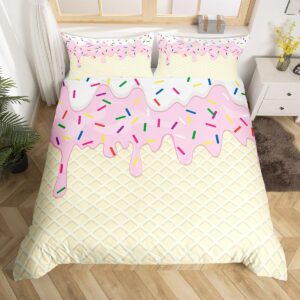 women ice cream duvet cover set twin size,2 pieces breathable pink white cream cake bedding sets(1 duvet cover+1 pillowcase),children colorful candy printed comforter cover set for girls kids