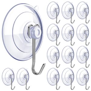 dsmy suction cup hooks 15 pack, 1.77 inches clear suction cup hooks for glass window decor shower bathroom, small reusable pvc suction cups with removable stainless hooks