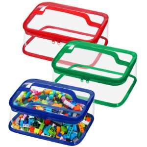 nitial 3 packs small clear toy storage bags, pvc toy storage bags with zipper handle, waterproof storage bag container for small toys, building blocks and board games(red, blue, green)