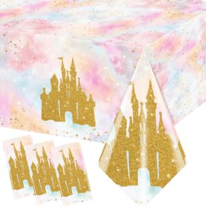 juweked 3pcs princess castle tablecloth rectangle princess table cloth pink tablecloth plastic princess table decorations pastel table cover gold and pink princess party decor, 70.8" x 42.5"