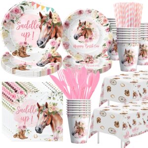 hipvvild cowgirl party decorations tableware - horse theme saddle up western party supplies, plate, cup, napkin, cutlery, tablecloth, wild west cowgirl birthday baby shower decorations | serve 24