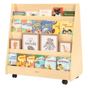 double-sided bookshelf with wheels, wooden 4-layer toddler bookshelf, children's magazine storage shelf, ideal for playrooms, bedrooms, study rooms, living rooms