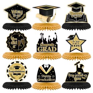 9pcs graduation party decorations class of 2024 congrats grad table centerpiece congratulate graduation black and gold honeycomb table toppers for graduation party supplies