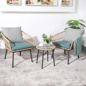 wood-it 3 pieces outdoor furniture patio bistro set all-weather wicker conversation set with tempered coffee table, wicker chairs, cushions and 2 back pillows for front porch balcony backyard deck