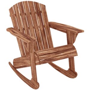 outsunny wooden adirondack rocking chair outdoor lounge chair fire pit seating with slatted wooden design, fanned back, & classic rustic style for patio, backyard, garden, lawn, carbonized