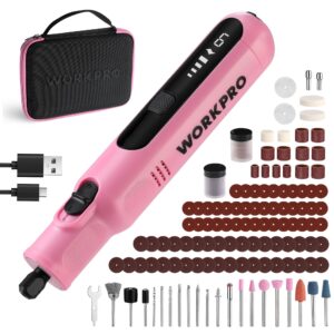 workpro cordless rotary tool, 8v rotary tool kit with 117 accessories, 6 variable speed, type-c charging, led work light, power rotary tool for sanding, polishing, engraving, cutting, diy, pink ribbon