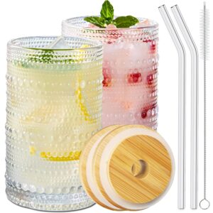 ework4u 2 pcs iced coffee glasses cups with bamboo lids and straws,14 oz thick emboss beaded drinking glass cup set,latte glasses,ideal for water,soda,gift - with cleaning brushe