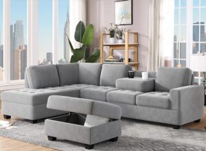 ubgo l-shaped sectional sofa with convertible chaise longue with storage footrest and 2 cup holders, velvet upholstered sofa for living room office apartment, gray