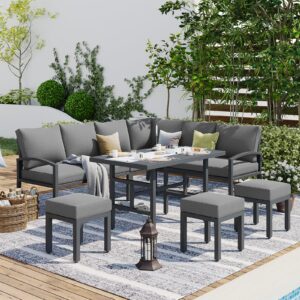 u-max metal patio furniture set, 7 pieces modern outdoor conversation set patio furniture with waterproof, outdoor dining sofa set with table&chair, grey cushions for balcony, porch, lawn and more