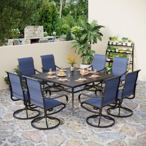 phi villa 9 pcs outdoor patio dining set, 8 outdoor padded swivel dining chairs and large square metal dining table, outside table and chair furniture dining set for 8 person (blue)