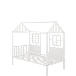 spoflyinn twin size house bed with roof, safety fence, 2 front windows, little ladder no box spring required twin beds, metal low loft