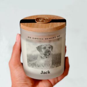 custom photo candle | printed on glass | memorial for parent, mother, dad, dog, cat, pet memorial | condolence remembrance, light remains | engraved lid | scented, soy wax, usa made | keep&present