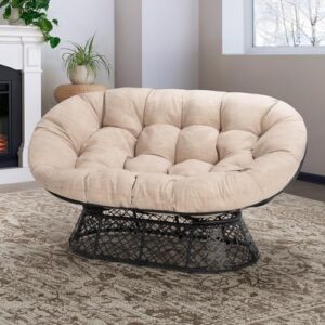 bme 61" capacity 600lbs double papasan ergonomic wicker papasan chair with soft thick density fabric cushion, bee-designed base, high capacity steel frame, 360 degree swivel for living, bedroom,...