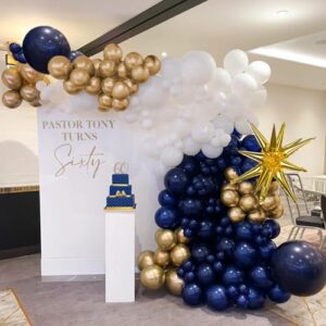 navy blue gold balloon garland kit 137pcs dark royal blue gold white globos crown balloon arch set for men birthdays, baby showers, graduations class of 2024, and wedding decor