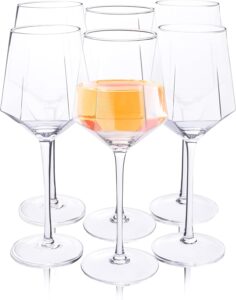 frost living wine glasses set of 6 - long stem crystal hexagon shaped wine glass set - large, beveled, diamond shape sides lets wines breathe