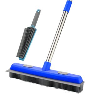 rubber broom carpet rake for pet hair remover, fur remover broom with squeegee, portable detailing lint remover brush, pet hair removal tool for fluff carpet, hardwood floor, tile, window (blue)