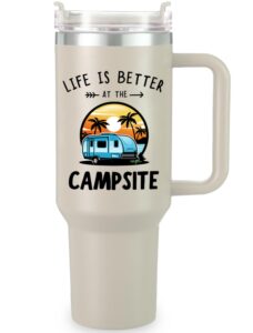 kedrian camping tumbler 40oz, cool camping birthday gifts for rv campers, happy camper tumbler, camping tumbler with lid, camping gifts ideas, happy camping gifts for campers