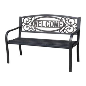 four seasons courtyard welcome outdoor park bench powder coated steel frame furniture seat for backyard garden, front porch, or walking path, black