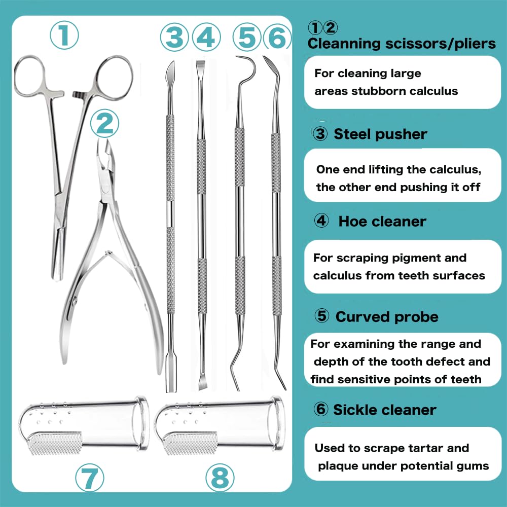 Qubccum 8 Pcs Dog Tartar Remover Pet Teeth Cleaning Tool, Cat Plaque Off Calculus Remover, Dog Tooth Scaler and Scraper, Stainless Steel Dental Forceps for Dogs and Cats Oral Care