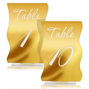 gold table numbers 1-10 with stands holders 4.5"x6.7" wave elegant wedding acrylic table numbers large modern mirror table number signs for party(gold white fonts,pack of 10)