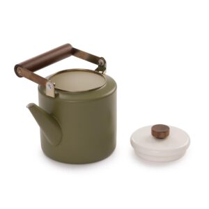 Barebones 2-Tone Enamel Teapot - Vintage Inspired Design - Baked Stainless Steel Rim - FSC Certified Natural Walnut Handle Tea Kettle - 1.5 Liters, 6 Cups (Olive Drab)