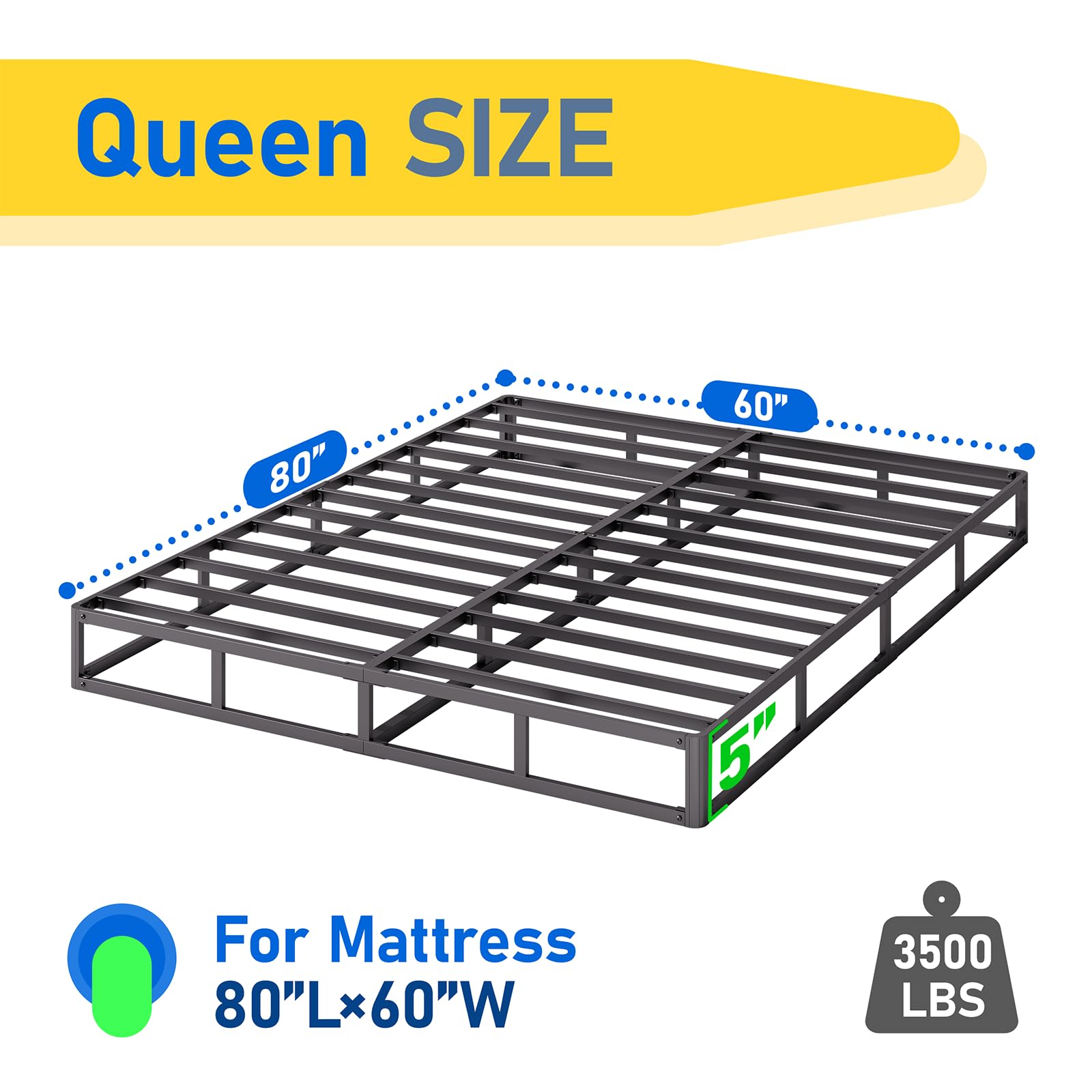 Askeld Queen Bed Box Spring 5 Inch High, Low Metal Bed Frame with Round-Corner Design, Heavy Duty Steel Slat Support Mattress Foundation, Noise Free Platform Base, 3500lbs Max Weight Capacity