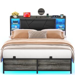 unikito full size bed frame with upholstered headboard, charging station and rgb led lights, stable platform bed, heavy duty metal slats, noise free, no box spring needed, easy to assemble, black oak