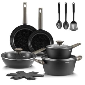 bezia induction cookware set 15-piece, nonstick pots and pans set, non stick kitchen cooking cookware set with stay-cool bakelite handle, dishwasher safe, compatible with all stoves, black