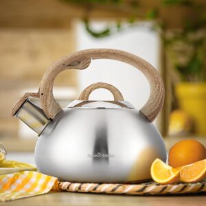 Tea Kettle Stovetop,2.0QT Loud Whistling Kettle for Boiling Water Coffee or Milk, Food Grade Stainless Steel Tea Kettle with Wood Pattern Handle and Anti-Rust,Suitable for All Heat Sources