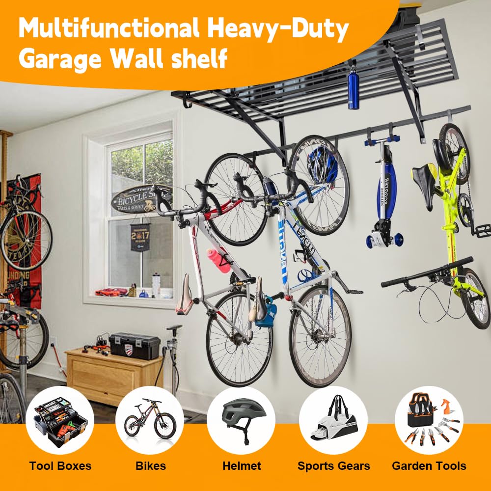 Yeeoy Garage Wall Shelves 2 Pack, 47" x 24" Heavy Duty Wall Mounted Shelving with Hooks, Bike Storage Rack Garage Tool Organizer, 400lbs Load Capacity (Total)