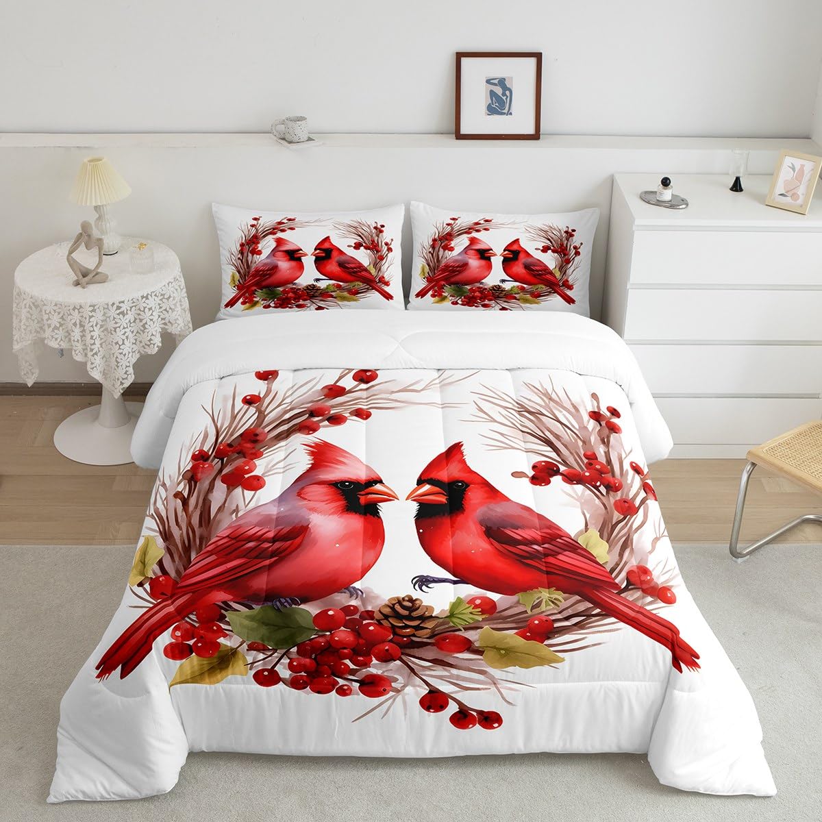 jejeloiu Red Cardinals Comforter Set Full Size Kids Pine Cones Comforter for Boys Girls Teens Cute Birds Bedding Set Romantic Love Duvet Set Room Decorations Quilt Set