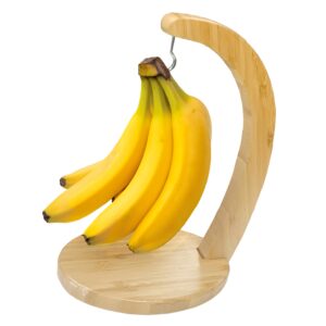 js gourmet bamboo banana stand with stainless steel hanging hook, ideal for holding bananas and elevating your tabletop and kitchen décor