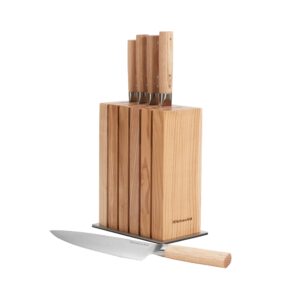 kitchenaid 6-piece ashwood knife block set | premium damascus steel blades | pakkawood handles | space-saving design | includes chef, santoku, slicing, utility & paring knives | kitchen knife set