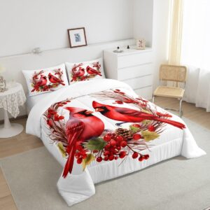 jejeloiu Red Cardinals Comforter Set Full Size Kids Pine Cones Comforter for Boys Girls Teens Cute Birds Bedding Set Romantic Love Duvet Set Room Decorations Quilt Set