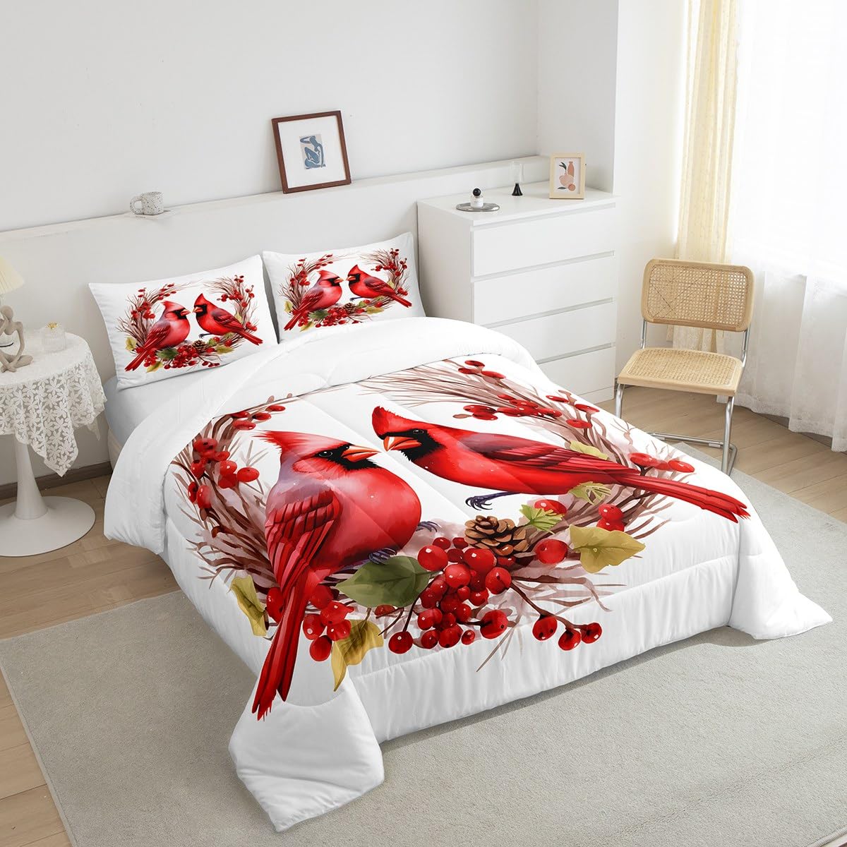 jejeloiu Red Cardinals Comforter Set Full Size Kids Pine Cones Comforter for Boys Girls Teens Cute Birds Bedding Set Romantic Love Duvet Set Room Decorations Quilt Set