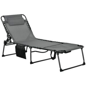 outsunny folding chaise lounge with 5-level reclining back, outdoor tanning chair with reading face hole, outdoor lounge chair with side pocket & headrest for beach, yard, patio, gray