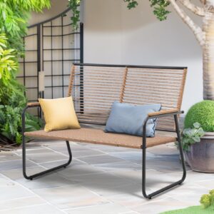 c-hopetree metal outdoor loveseat bench for outside patio porch, natural all weather twisted wicker twinseat chair