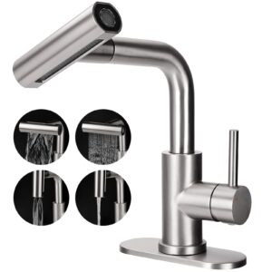 bietor bathroom sink faucet with pull down sprayer, 4 mode brushed nickel bathroom faucet, single handle tall bathroom faucet 1 or 3 hole with pop-up drain & deck mount plate