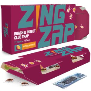 zingzap roach glue trap passion fruit 13-pack, capsulated natural ingredients bait, 2x faster catch, sticky glue trap for roaches, ants, millipedes, silverfish & beetles, children-&-pet-safe