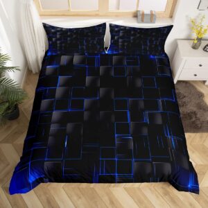 geometric grid duvet cover set queen size, royal blue and black checkered bedding cover, men women room decor, modern abstract check plaid square bed sets for all season, 2 pillowcases, no comforter