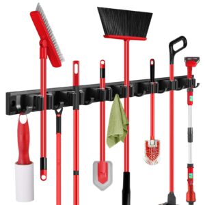 sliimu 30'' broom and mop holder wall mount with movable sliding 7 racks 8 hooks, storage organizer wall hanger, cleaning tool hanging grippers for kitchen bathroom garden garage laundry home closet