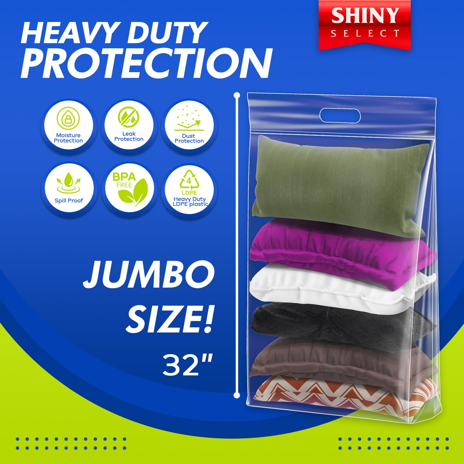 Shiny Select 20 Gallon Jumbo Storage Bag with Handle, Resealable Zipper Top 24x32, 3 Bags - Clear Big Plastic, Extra Large XL, 4 Mil Thick Heavy Duty for Travel, Moving, Clothing, Bedding