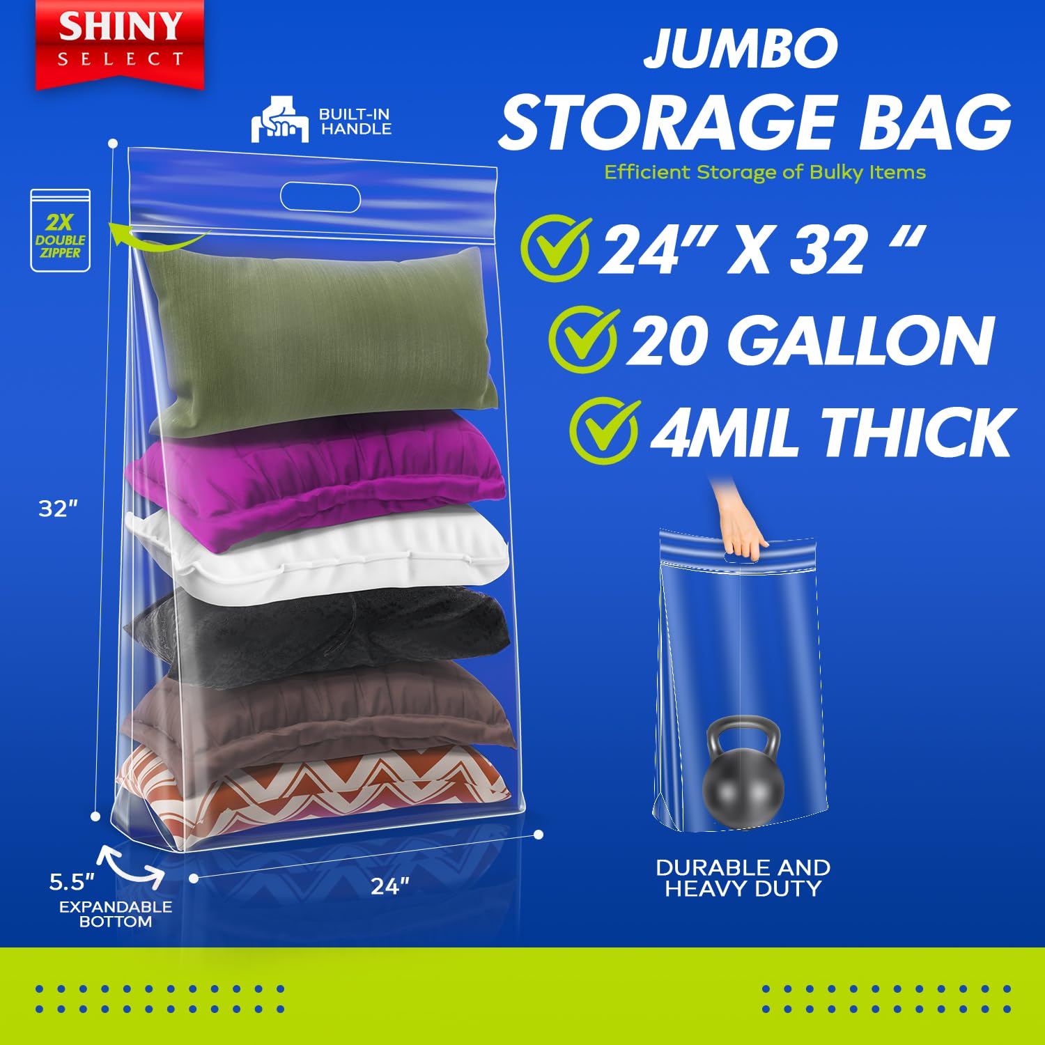 Shiny Select 20 Gallon Jumbo Storage Bag with Handle, Resealable Zipper Top 24x32, 3 Bags - Clear Big Plastic, Extra Large XL, 4 Mil Thick Heavy Duty for Travel, Moving, Clothing, Bedding