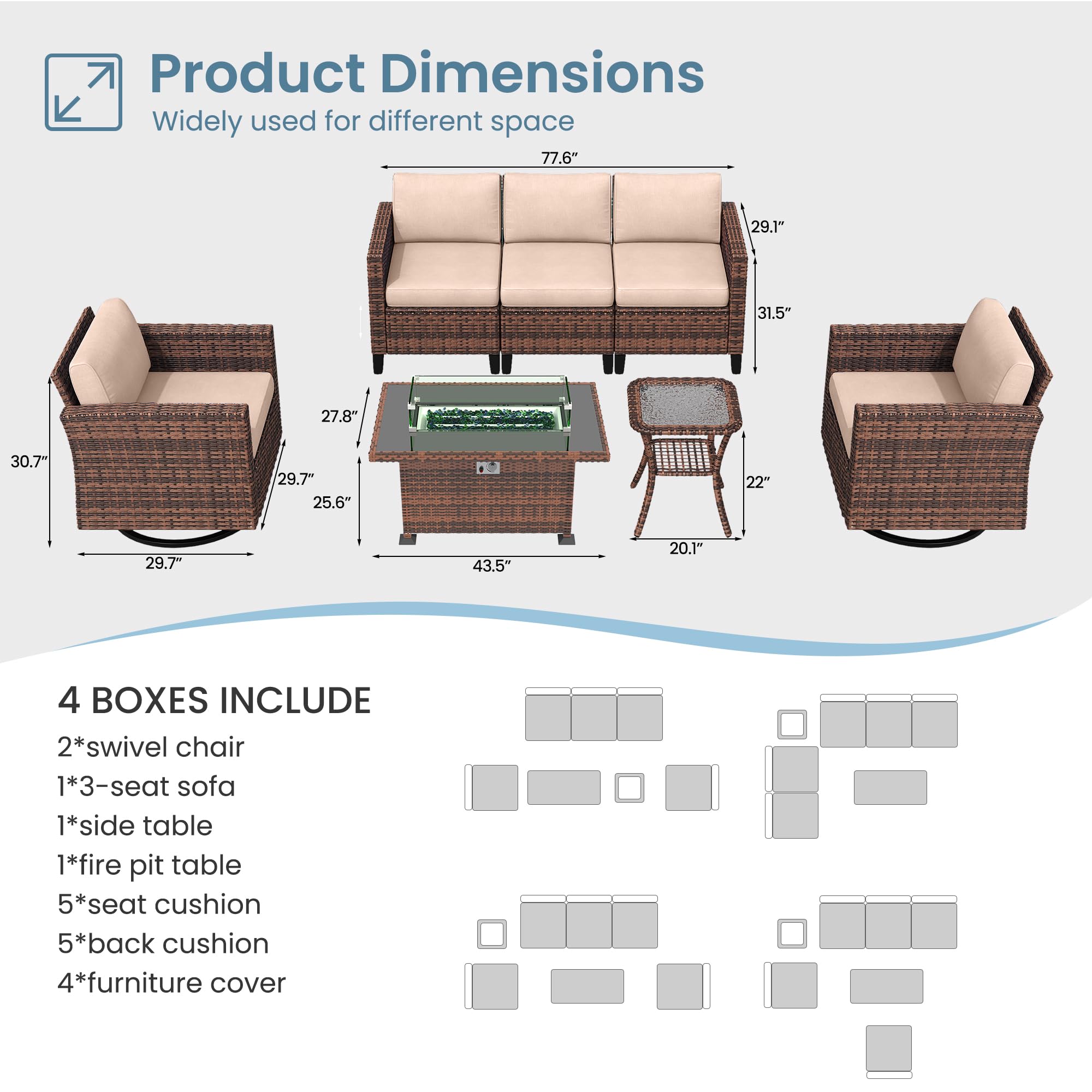 Amopatio Patio Furniture Set with Fire Pit Table, Outdoor Furniture Sectional Sofa with Swivel Chairs, Modern Conversation Sets for Balcony Backyard, Beige（Include Waterproof Covers ）