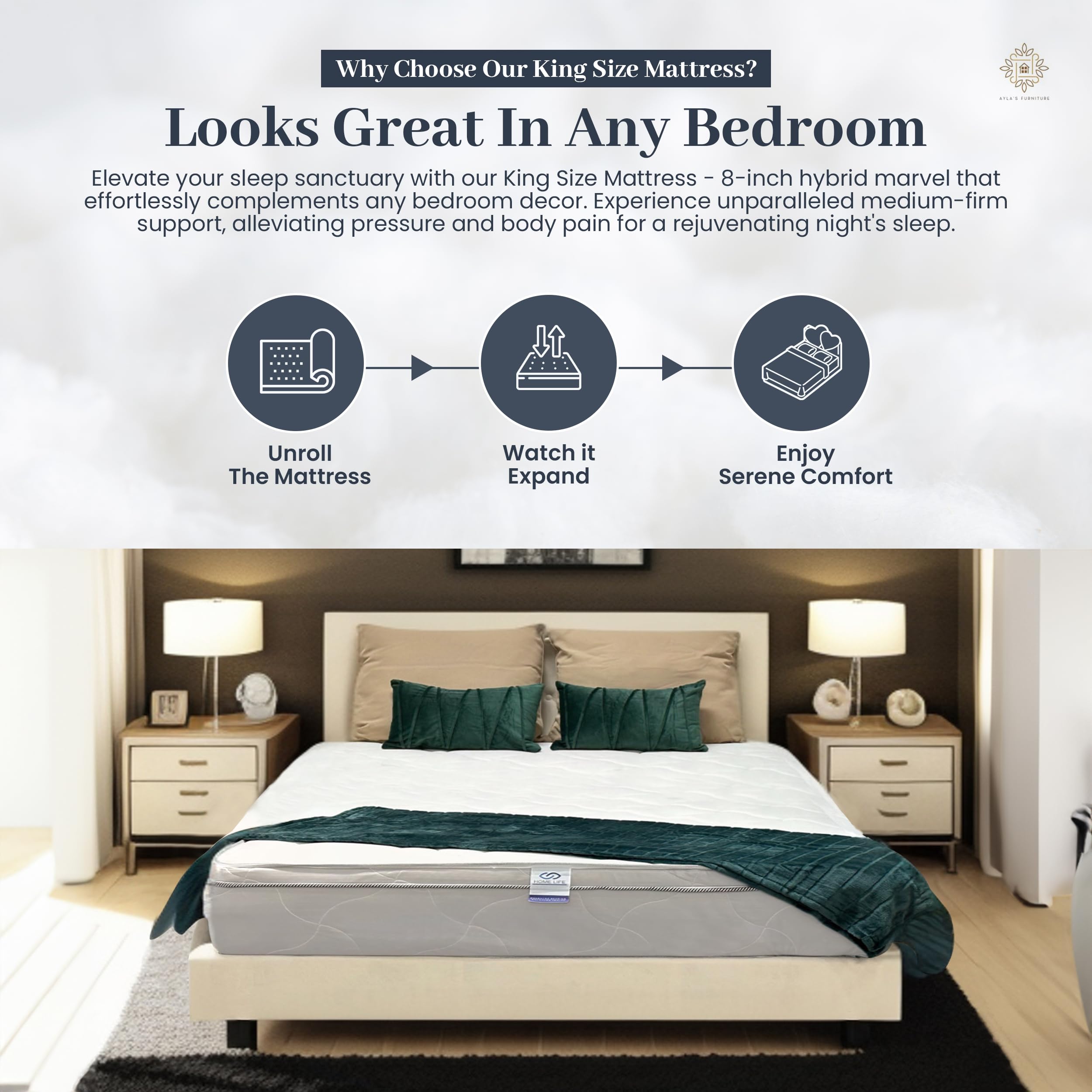 Aylas Furniture King Size Mattress- 8 Inch Hybrid King Mattress with High Density & Comfort Cold Foam with Continuous Coil Bonnell Springs - Eco-Friendly, Breathable King Bed Mattress Medium Firmness