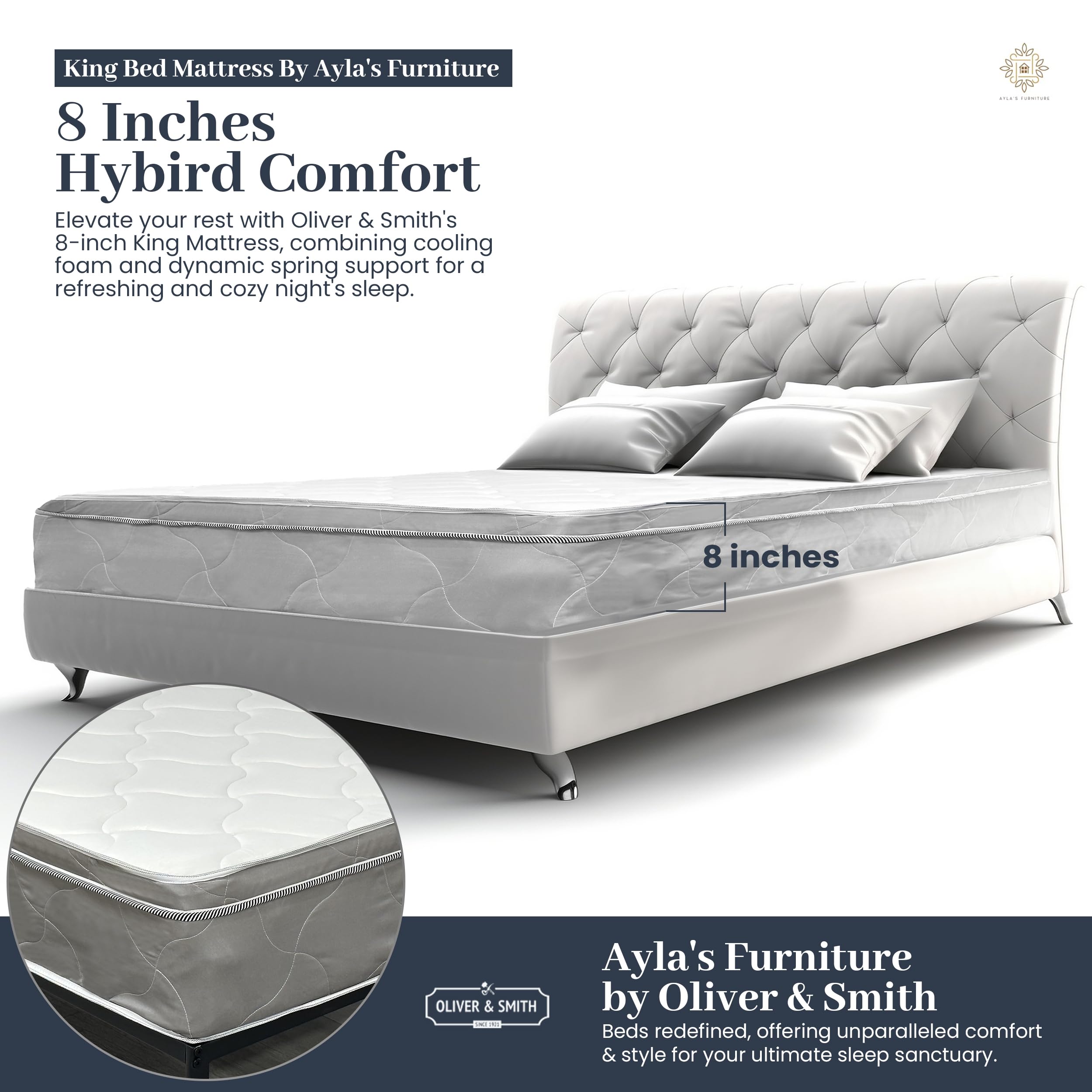 Aylas Furniture King Size Mattress- 8 Inch Hybrid King Mattress with High Density & Comfort Cold Foam with Continuous Coil Bonnell Springs - Eco-Friendly, Breathable King Bed Mattress Medium Firmness