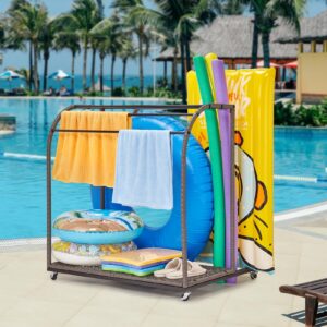 gaomon pool towel rack outdoor with rattan base,5 bar free standing poolside beach towel,rattan weaving outdoor towel rack,storage organizer with compartment for floats, pool noodles, swimming rings