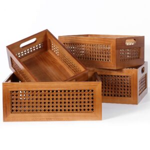 lamorée wooden storage basket set of 4 handmade rattan drawer storage box with frame & handles decorative natural bamboo woven bins rustic farmhouse decor home office tabletop shelf organizer